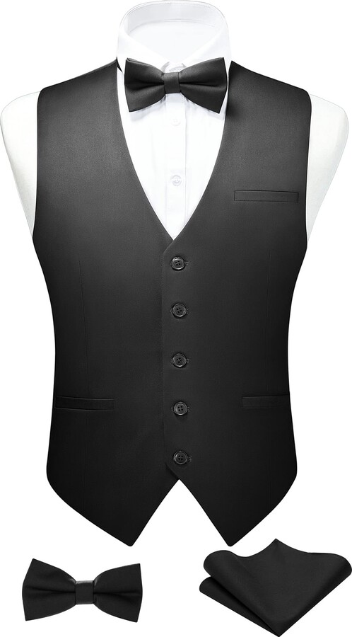 FAIMO Black Waistcoat Mens Solid Color Waistcoat with Bowtie Pocket ...