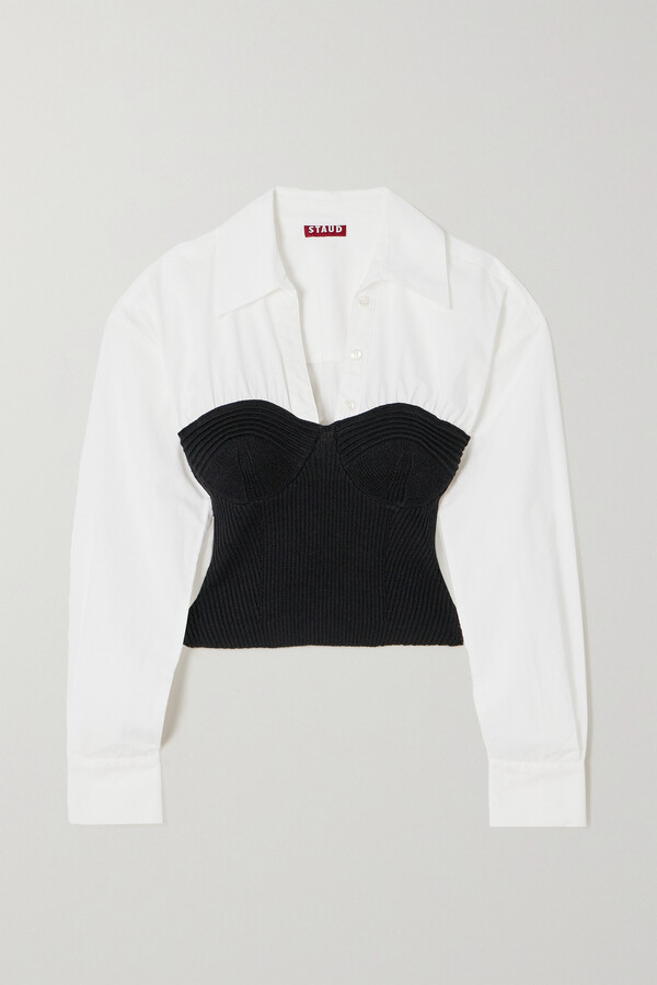 STAUD Hazel Layered Ribbed Wool-blend And Cotton-poplin Top - Black - ShopStyle
