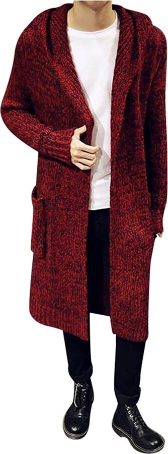 Dawwoti Men's Long Knit Cardigan Shawl Collar Open Front Hoodie Sweater ...