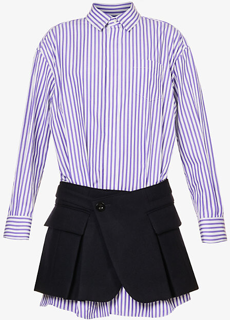 Sacai acai Womens Purple tripe Navy kirt-overlay triped Cotton-poplin ...