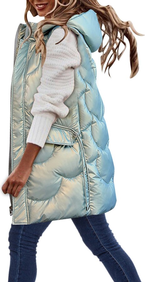 PAIDAXING Women's Body Warmer Quilted Hooded Long Down Gilets Sleeveless Zip Up Puffer Jacket ...