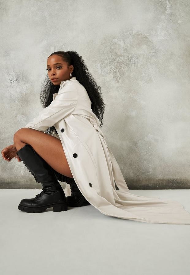 Missguided Sarah Ashcroft X Ecru Faux Leather Belted Trench Coat ...