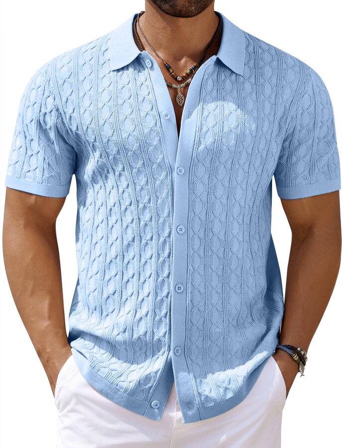 COOFANDY Men's Light Blue XL Knit Short Sleeve Button-Down Vintage Polo Shirt - ShopStyle