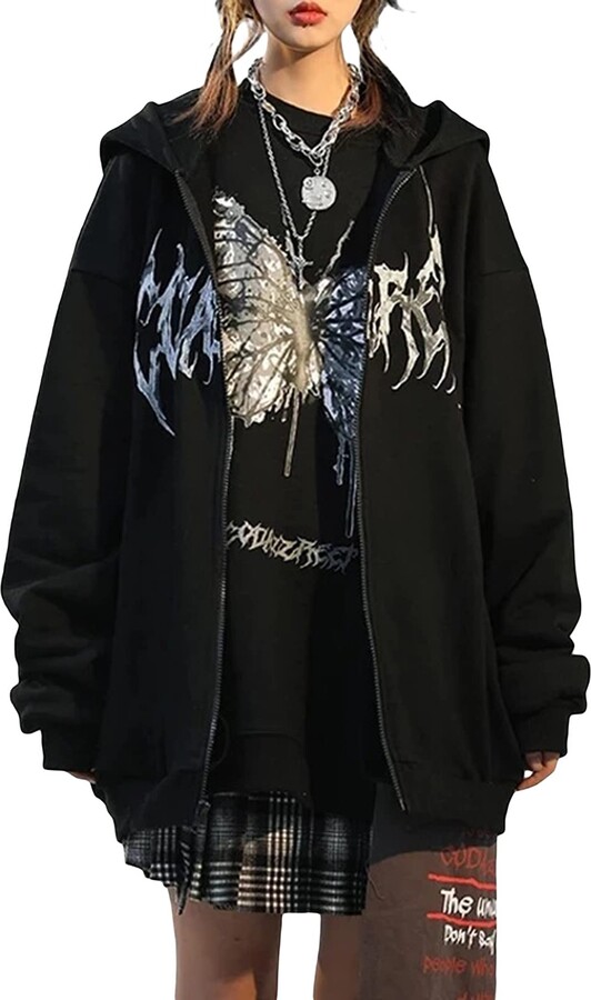 Loalirando Women Hip Hop Oversized Graphic Hoodies Zip Up Long Sleeve Sweatshirt Gothic ...