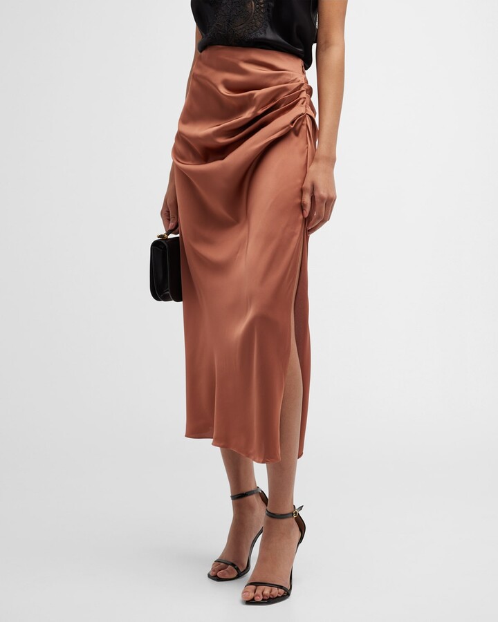 SIMKHAI Marguerite Washed Charmeuse Ruched Midi Skirt - ShopStyle