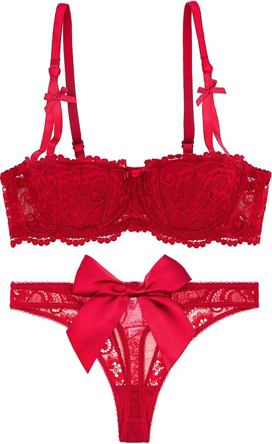 varsmiss Women Sexy Lace Underwear Half Cup Bra Big Bow Thong Set (Red ...