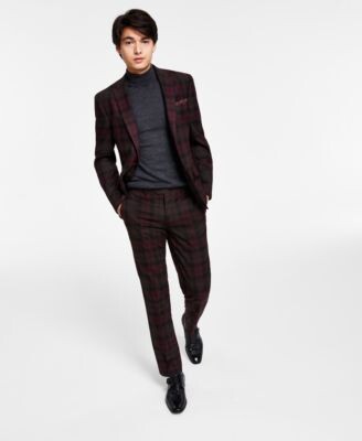Bar III Mens Slim Fit Burgundy Plaid Suit Separates Created For Macys ...