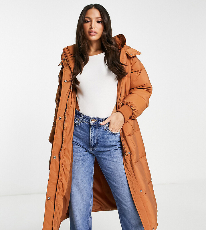 Urban Code Tall Urbancode Tall longline hooded puffer jacket in toffee brown - ShopStyle