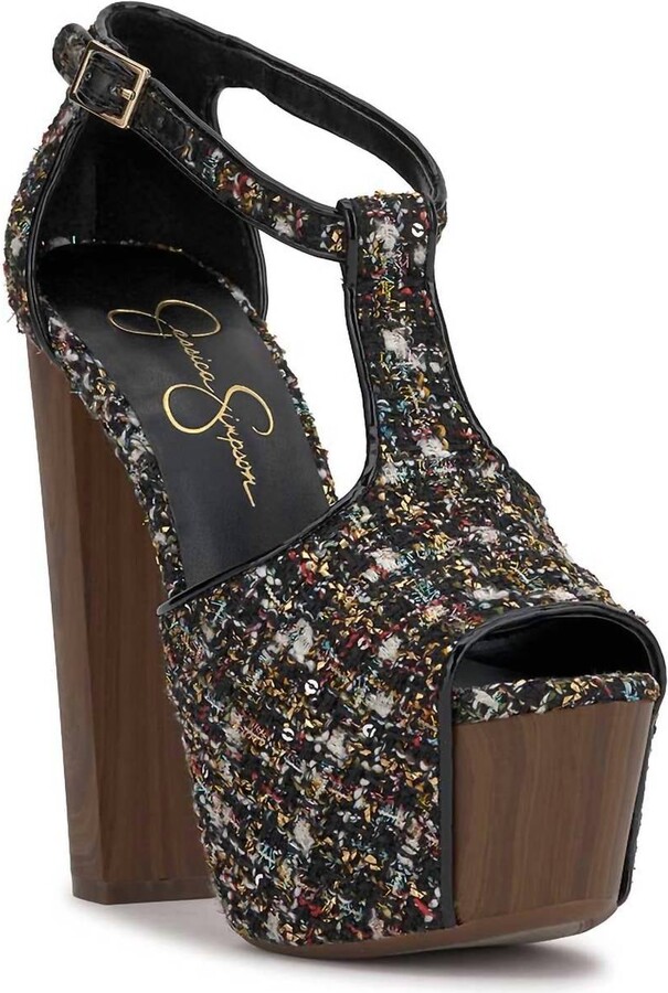 Jessica Simpson Dany T-Strap Platform Sandal In Black Sparkle Tweed By ...