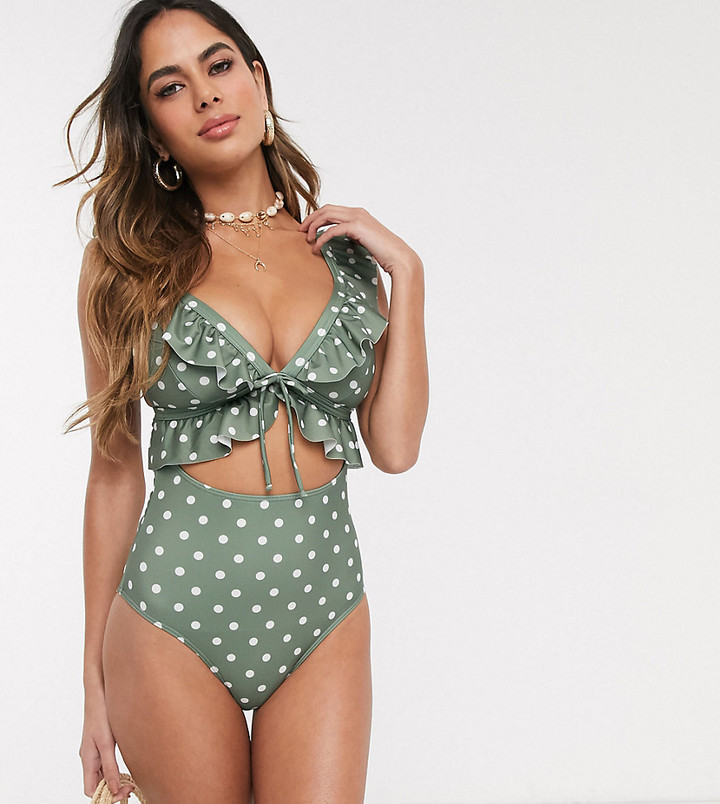 Peek & Beau Fuller Bust Exclusive recycled polyester swimsuit with ruffle in khaki spot D-F ...
