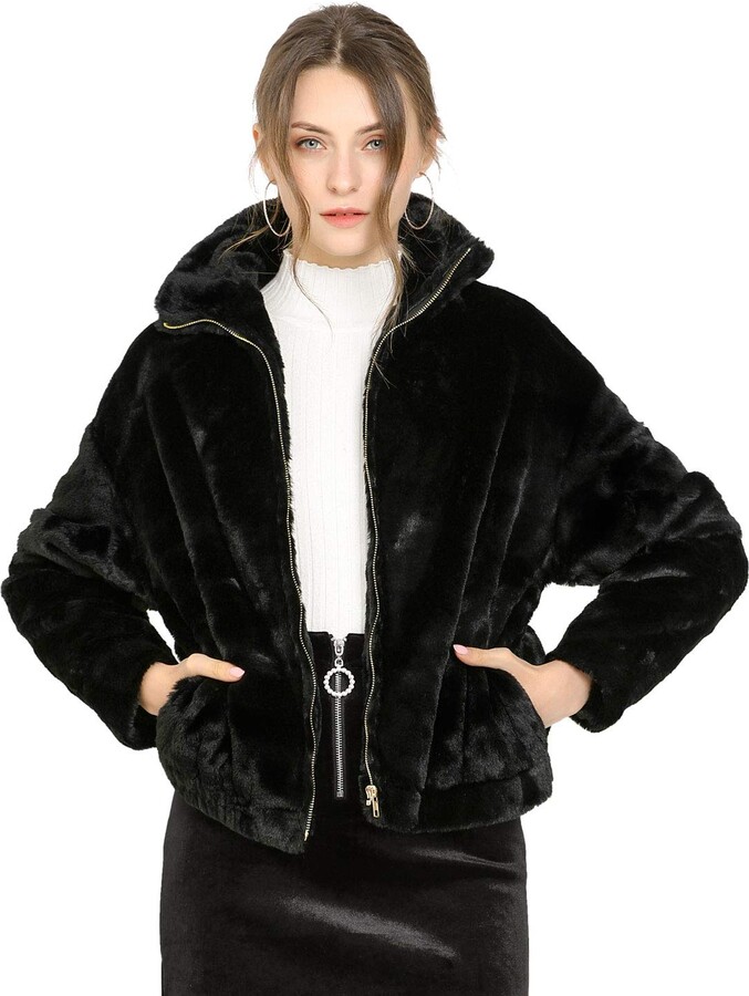 Allegra K Women's Winter Fluffy Jacket Zipper Front Shawl Collar Faux ...