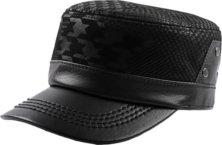 Lifup Men's Vintage Genuine Leather Military Cadet Cap Army Style Flat ...
