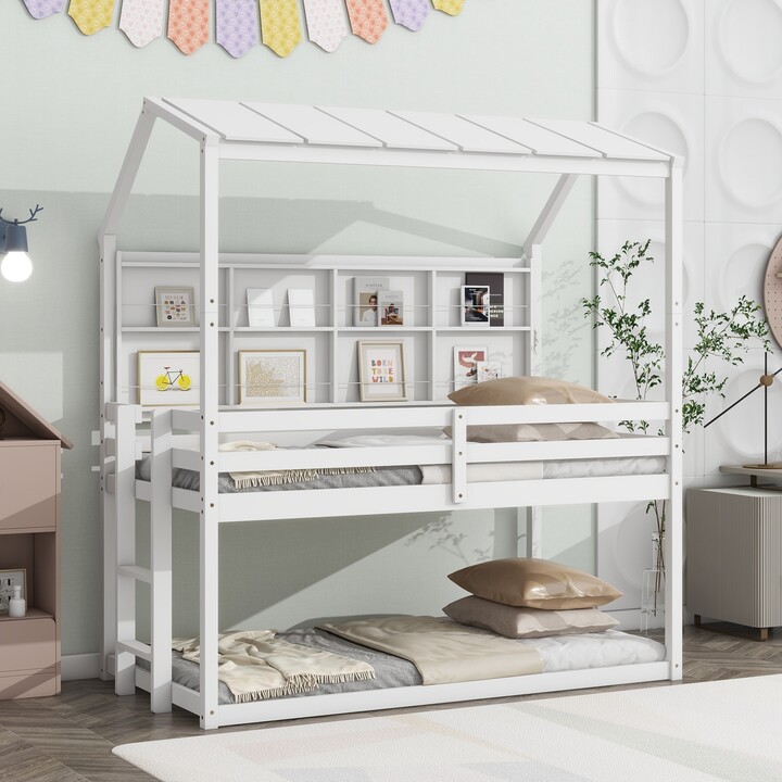 VIVIADORE Twin over Twin Size Wood Low Bunk Bed with Semi-enclosed Roof ...