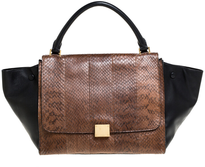 Celine Black/Brown Leather and Python Medium Trapeze Top Handle Bag ...