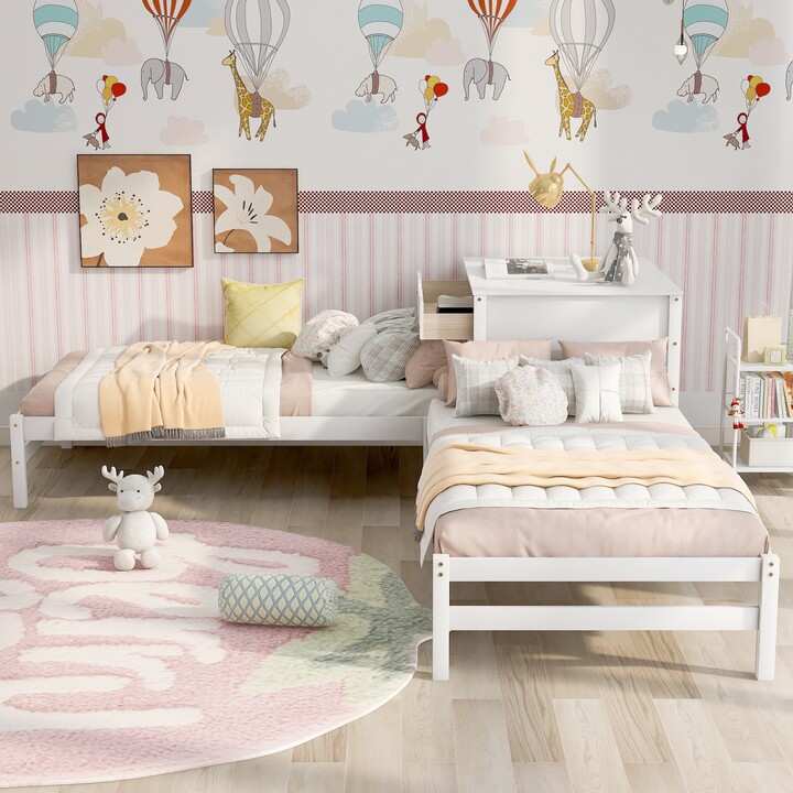 IGEMAN 2 in 1 Design L-Shaped Corner Platform Beds with Desk and Drawer ...