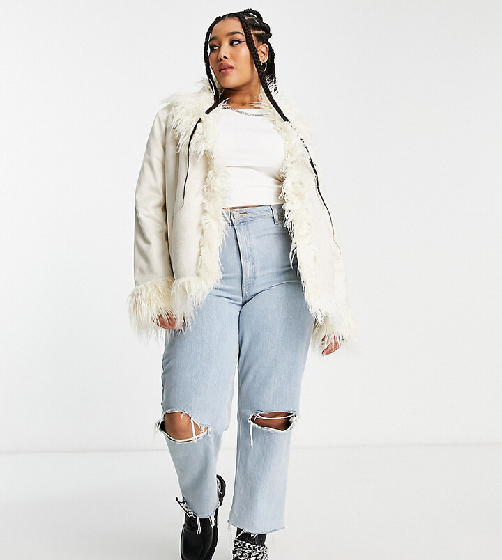 Urbancode Curve Urban Code Plus faux shaggy fur jacket in cream - ShopStyle