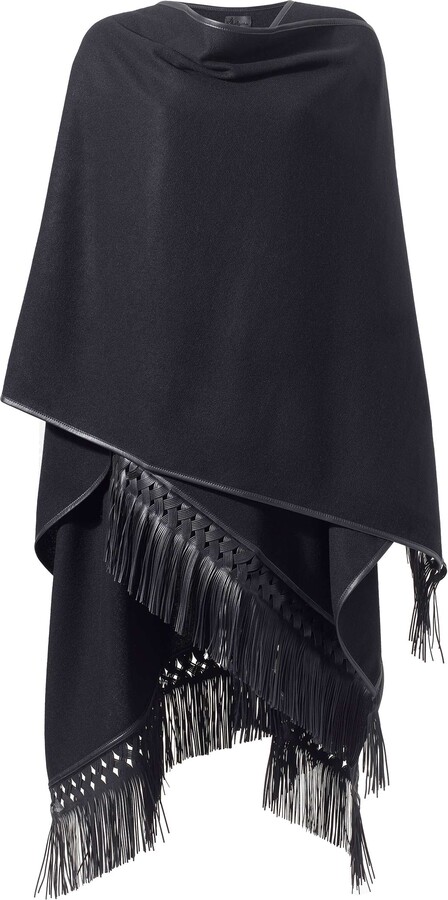 Fameed Khalique Ltd - Cashmere Cape With Braided Leather Fringe - Black ...