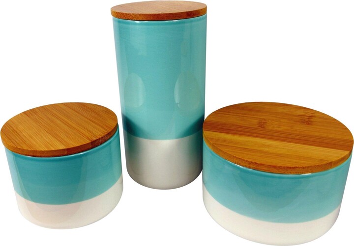 Leaf Set of Three Canisters Aqua Green Ceramic Storage Jars with Lids ...