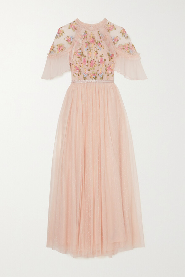 Needle & Thread Emma Ruffled Embroidered Tulle Midi Dress - Pink ...