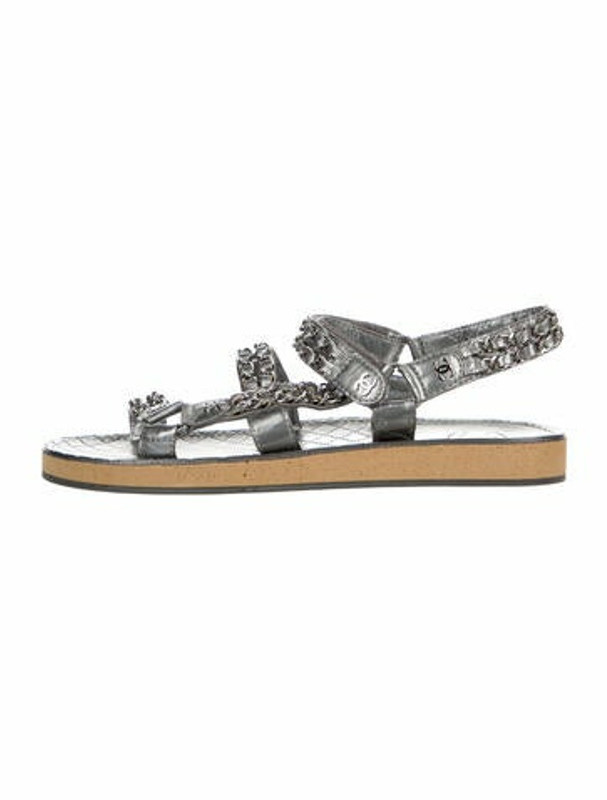 Chanel Interlocking CC Logo Leather Slingback Sandals Silver - ShopStyle