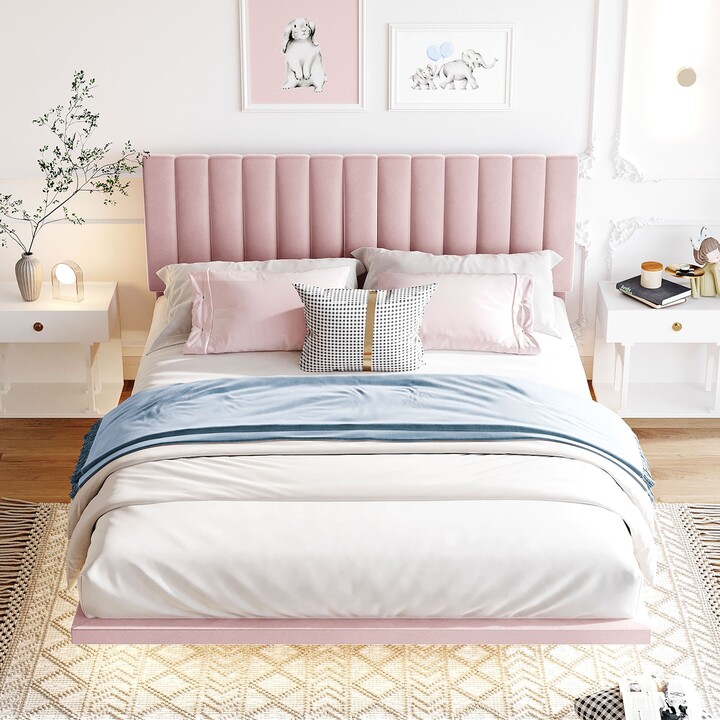 NINEDIN Pink Velvet Upholstered Floating Queen Size Bed Frame with ...