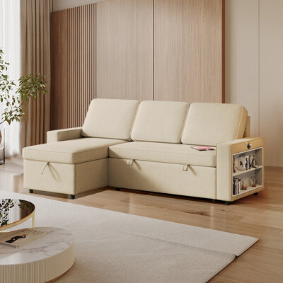 Latitude Run 86 Inch Wide L-Shaped Pull Out Sleeper Sofa Storage Racks ...