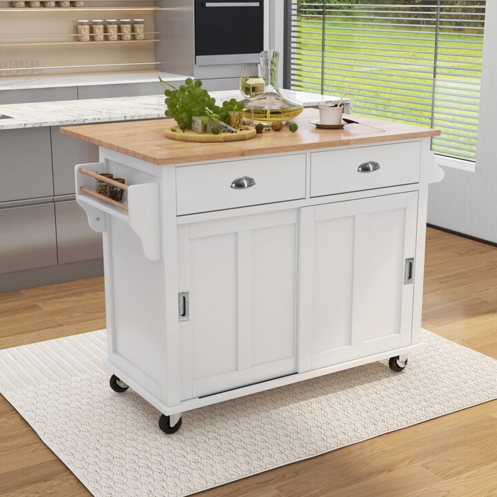 Simplie Fun Kitchen Cart with Rubber wood Drop-Leaf Countertop ...