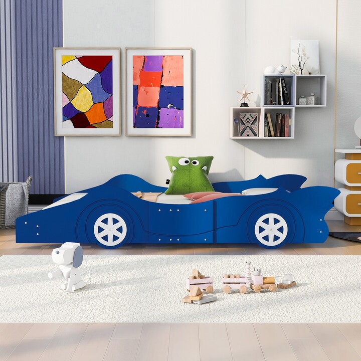 GREATPLANINC Full Race Car-Shaped Platform Bed Wood Floor Bed with ...