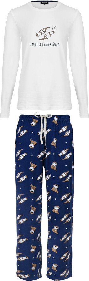 Loungeable Navy Long Sleeve T-Shirt and Trouser Pyjama Set with Otter ...