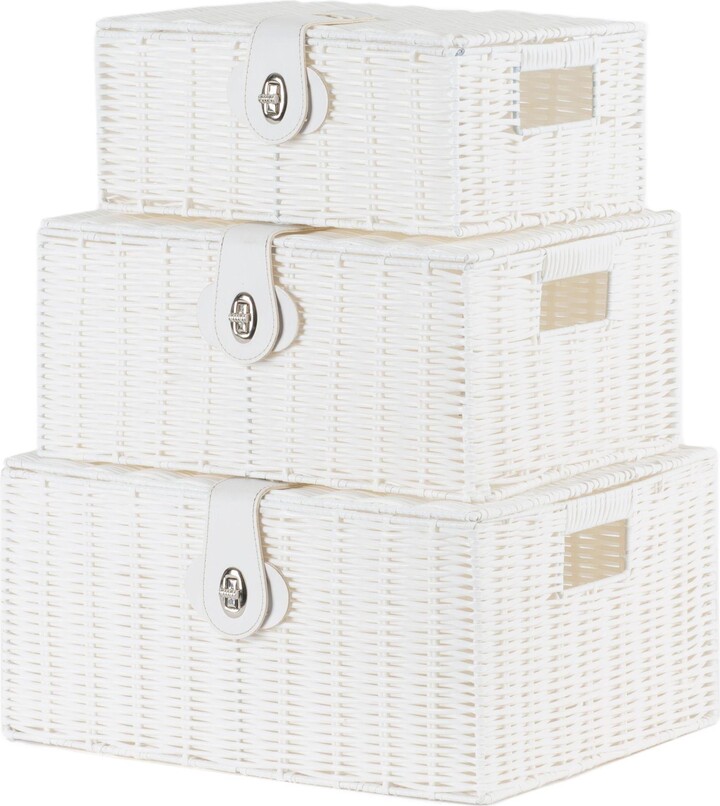 LIVIVO Set of 3 Resin Woven Storage Baskets - Hamper Boxes with Lid ...