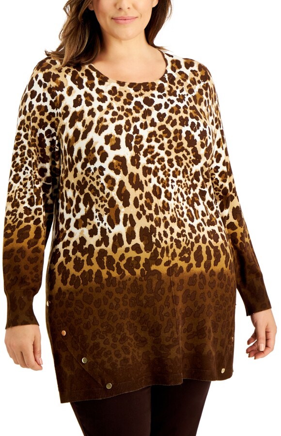 JM Collection Plus Size Stud-Trim Animal-Print Tunic Top, Created for ...