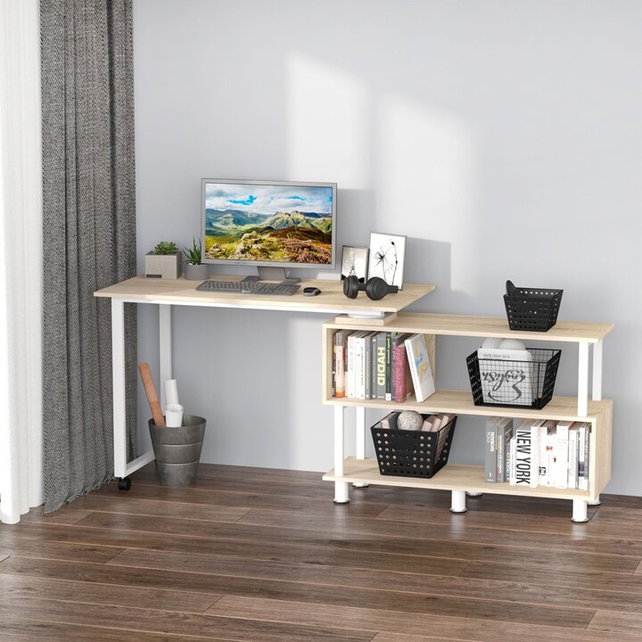 HOMCOM Mobile L-Shaped Rotating Computer Desk with Storage Shelves ...