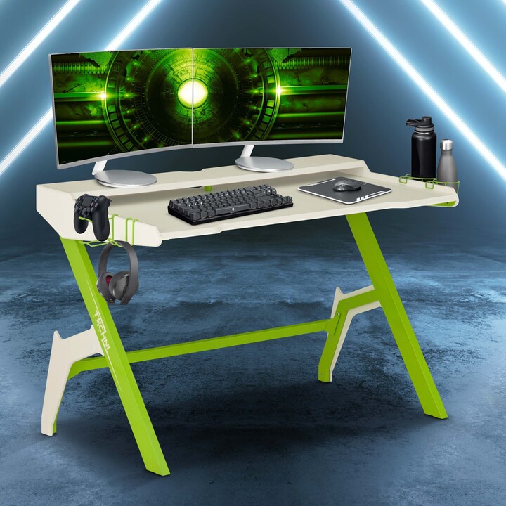 RASOO Modern Computer Gaming Desk with Dual Monitor Shelf, Carbon-Fiber ...