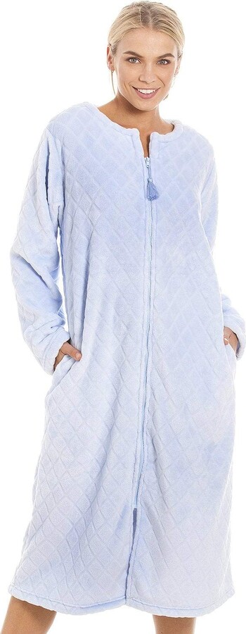 Camille Womens Bathrobe Supersoft Light Blue Zip Up Front Diamond Print ...