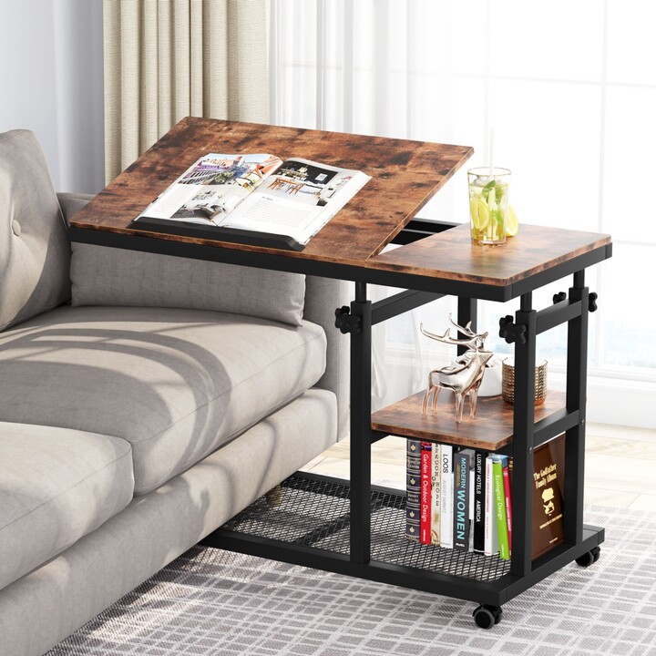 Tribesigns Height Adjustable C Table with Wheels, Mobile Couch Snack ...