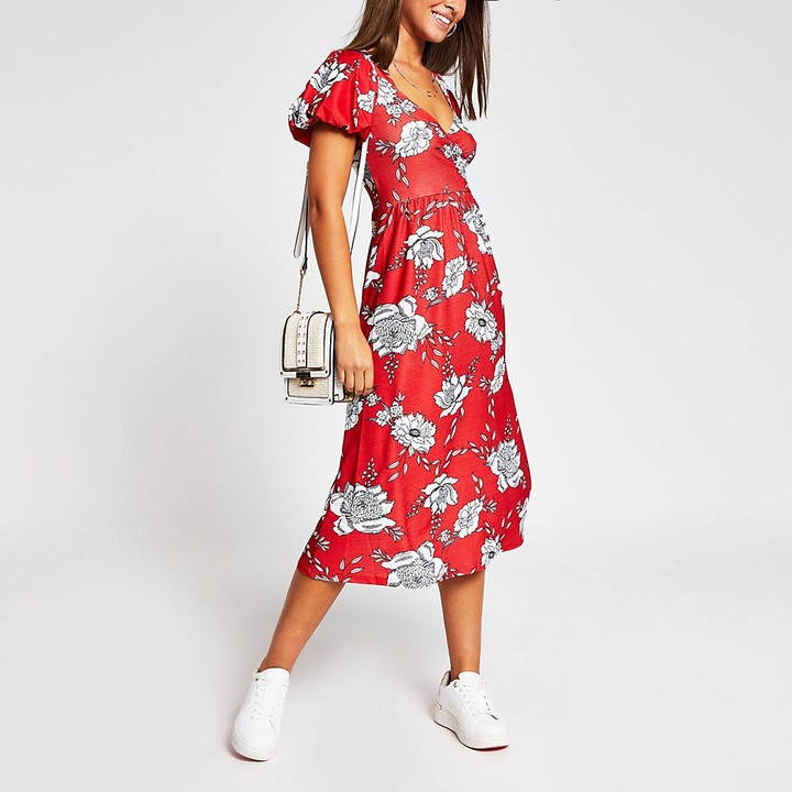 River Island Red floral wrap midi dress - ShopStyle