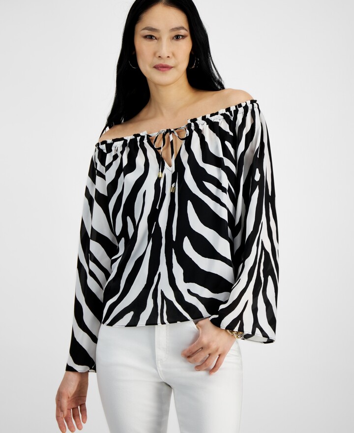 INC International Concepts Petite Zebra-Print Off-The-Shoulder Blouse ...