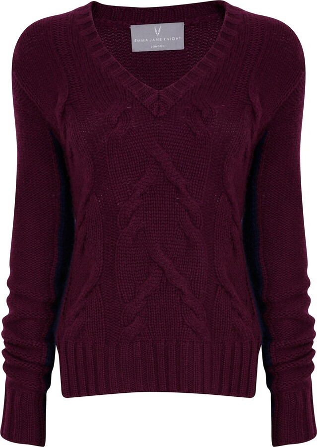 Emma Jane Knight - Cable V Neck - Bordeaux/Navy - ShopStyle