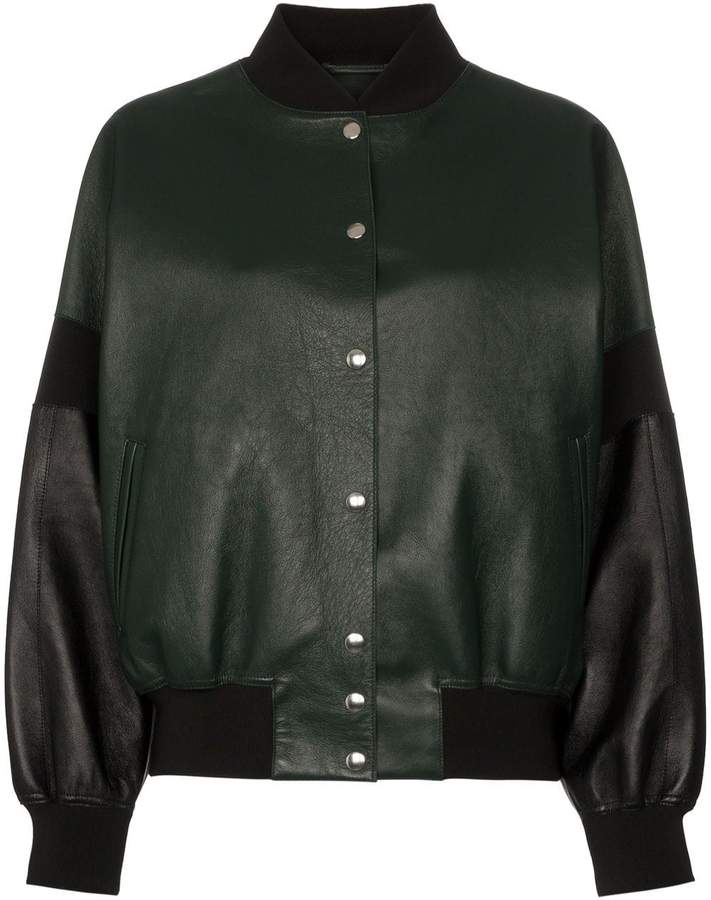 Plan C Contrast Sleeve Button Down Leather Bomber Jacket - ShopStyle