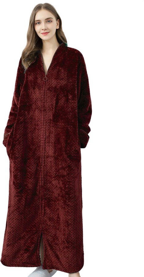 BELLOO Women Fluffy Fleece Long Dressing Gowns Zipper Front (Wine Red ...
