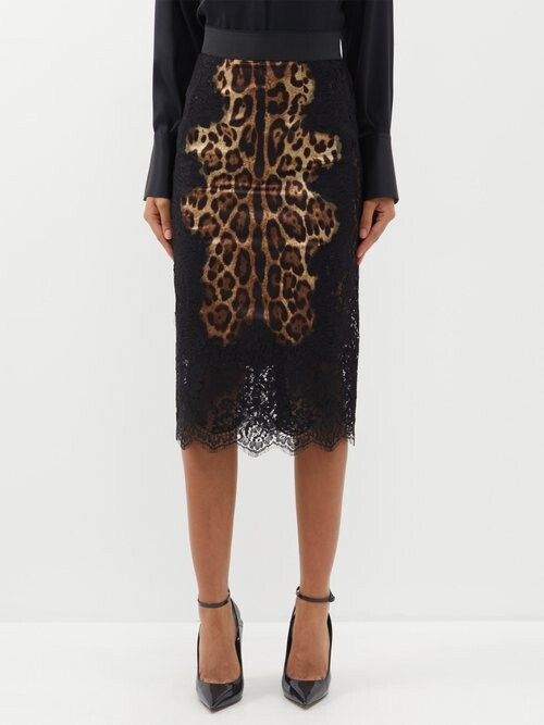 Dolce & Gabbana Lace-trim Leopard-print Satin Midi Skirt - ShopStyle