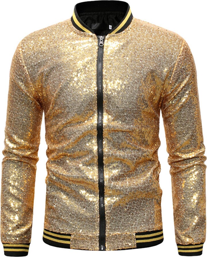 Faonkeew Glitter Jacket Men's Sequin Jacket Metallic Night Club Zip ...