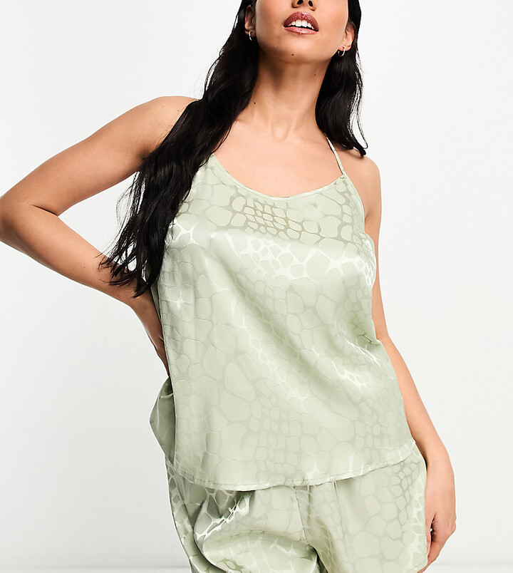Loungeable satin jacquard strappy back cami and short set in sage green ...