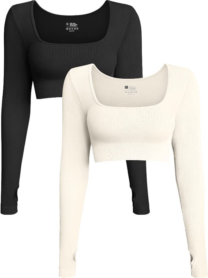 OQQ Women's 2 Piece Crop Top Ribbed Seamless Workout Exercise Long ...