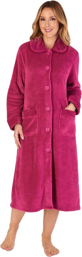 Slenderella Ladies Button Up Coral Fleece Dressing Gown Bath Robe with ...