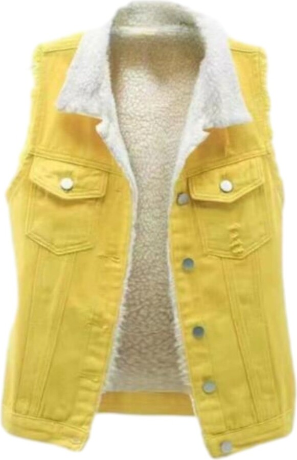 KETAFOUND Women'S Denim Vest- Yellow Color Solid Short Fleece Gilet ...
