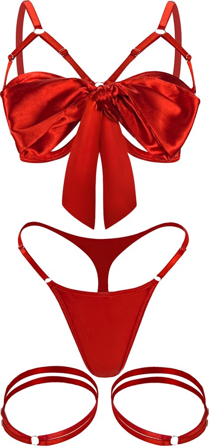 popiv Valentines Lingerie for Women Sexy Satin Ribbon Bra and Panty ...