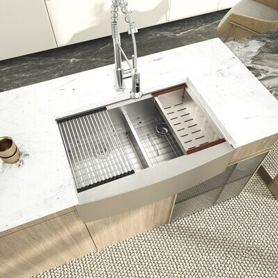 Logmey 33" L x 22" W Farmhouse Workstation Kitchen Sink Double Bowl 50/ ...