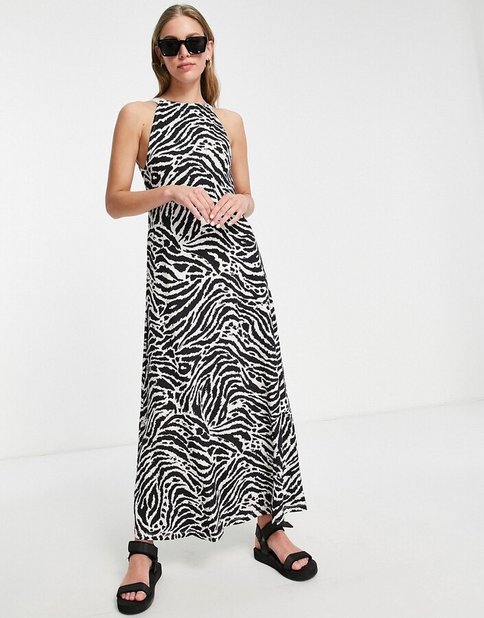 ASOS DESIGN gathered neck maxi dress with open back in zebra print - ShopStyle