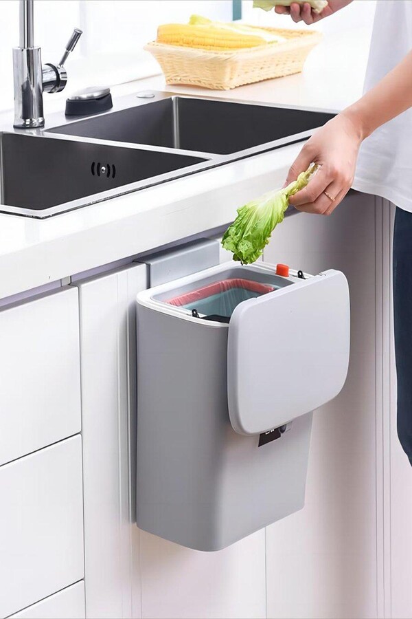 Living and Home 9L Grey Kitchen Bathroom Inner bucket Waste Bin Hanging ...